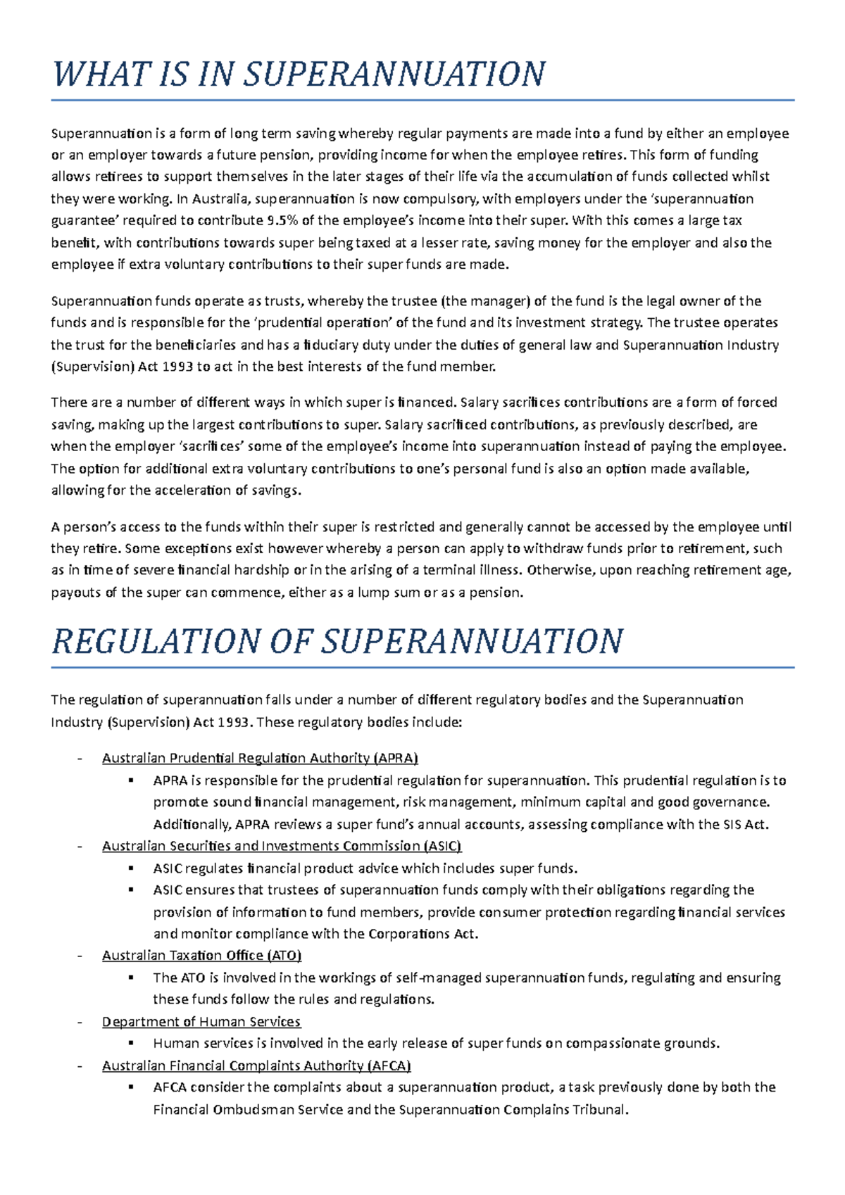 Superannuation Summary - WHAT IS IN SUPERANNUATION Superannuation is a ...