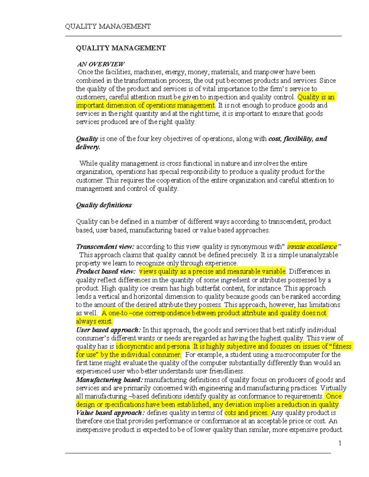 Quality Management Overview: Key Concepts and Dimensions - Studocu