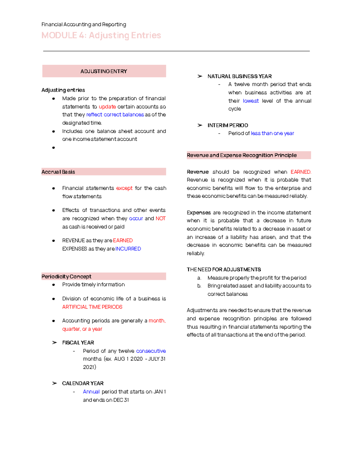 Financial Accounting & Reporting: Module 4 Adjusting Entries Notes ...