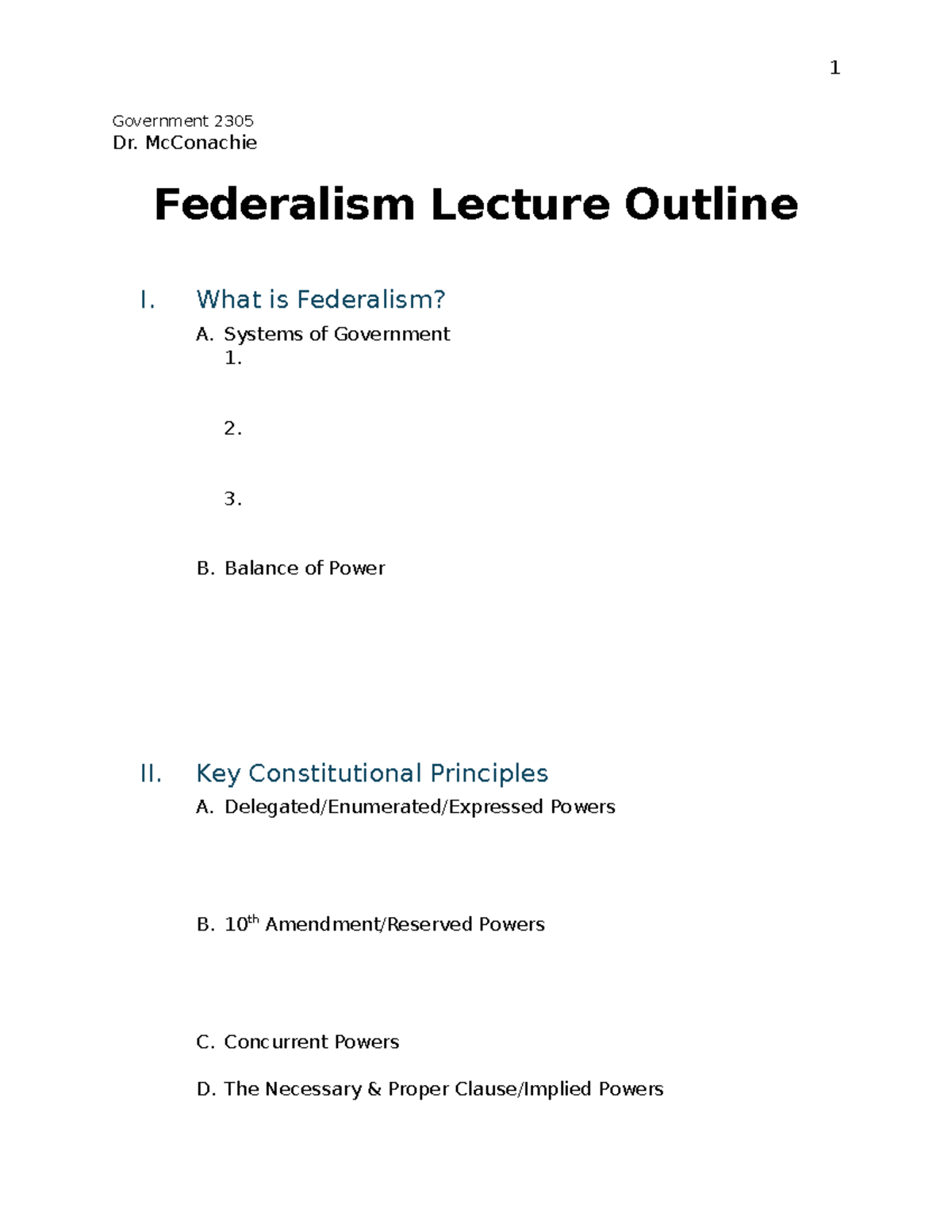 Federalism Lecture Outline - GOV 2305 Dr. McConachie - Studocu