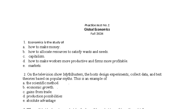 Practice Test No.1: Global Economics (ECO101) - Fall 2024 - Studocu