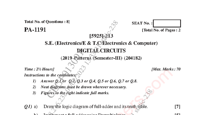 Digital Circuits (C 8.2 E 16.23) Question Paper - 2019 Pattern - Studocu