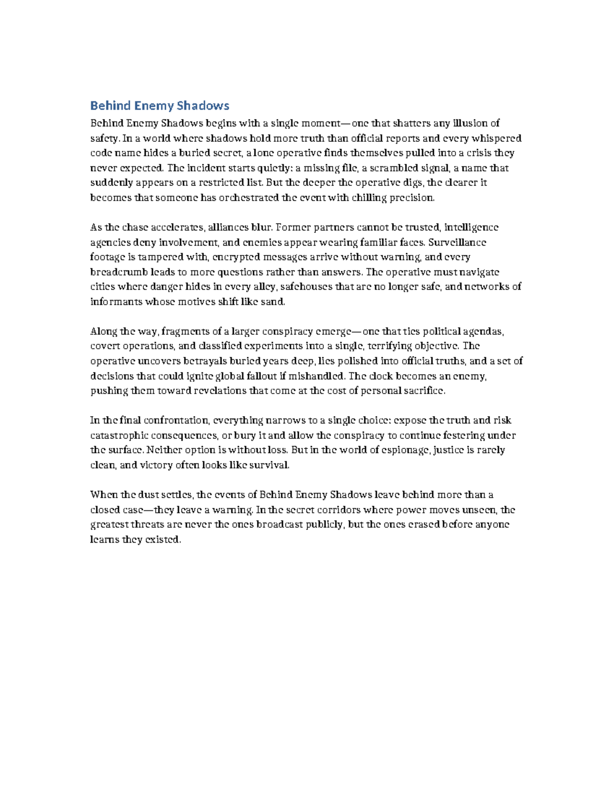 Behind Enemy Shadows: A Tale of Espionage and Betrayal - Studocu