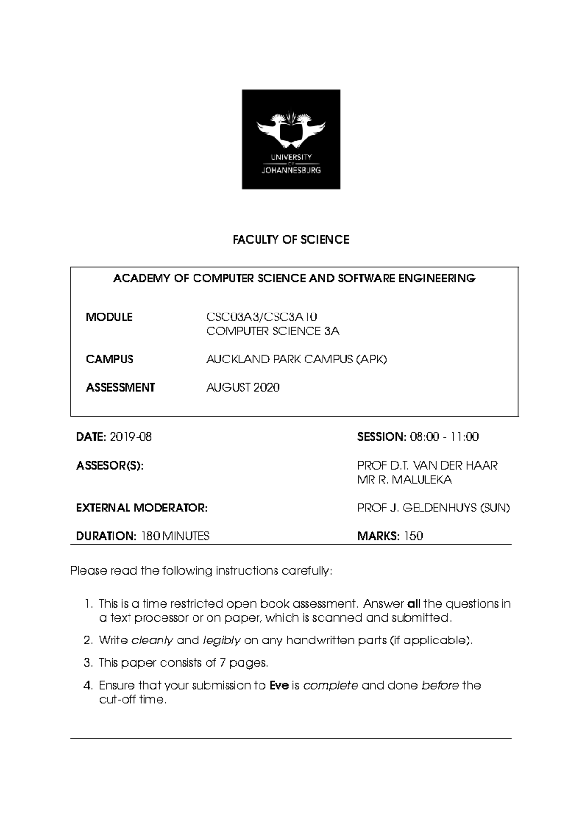 Computer Science 3A Assessment August 2020 - Sima Msibi - Studocu