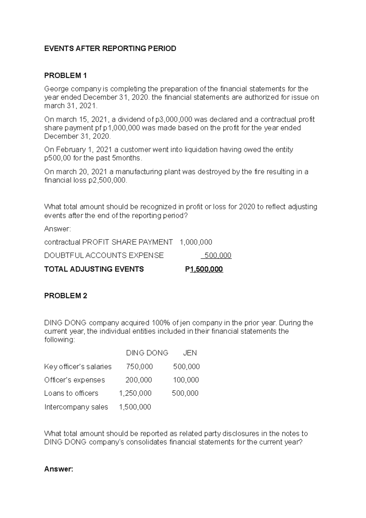 Events After Reporting Period Analysis for Financial Statements - Studocu