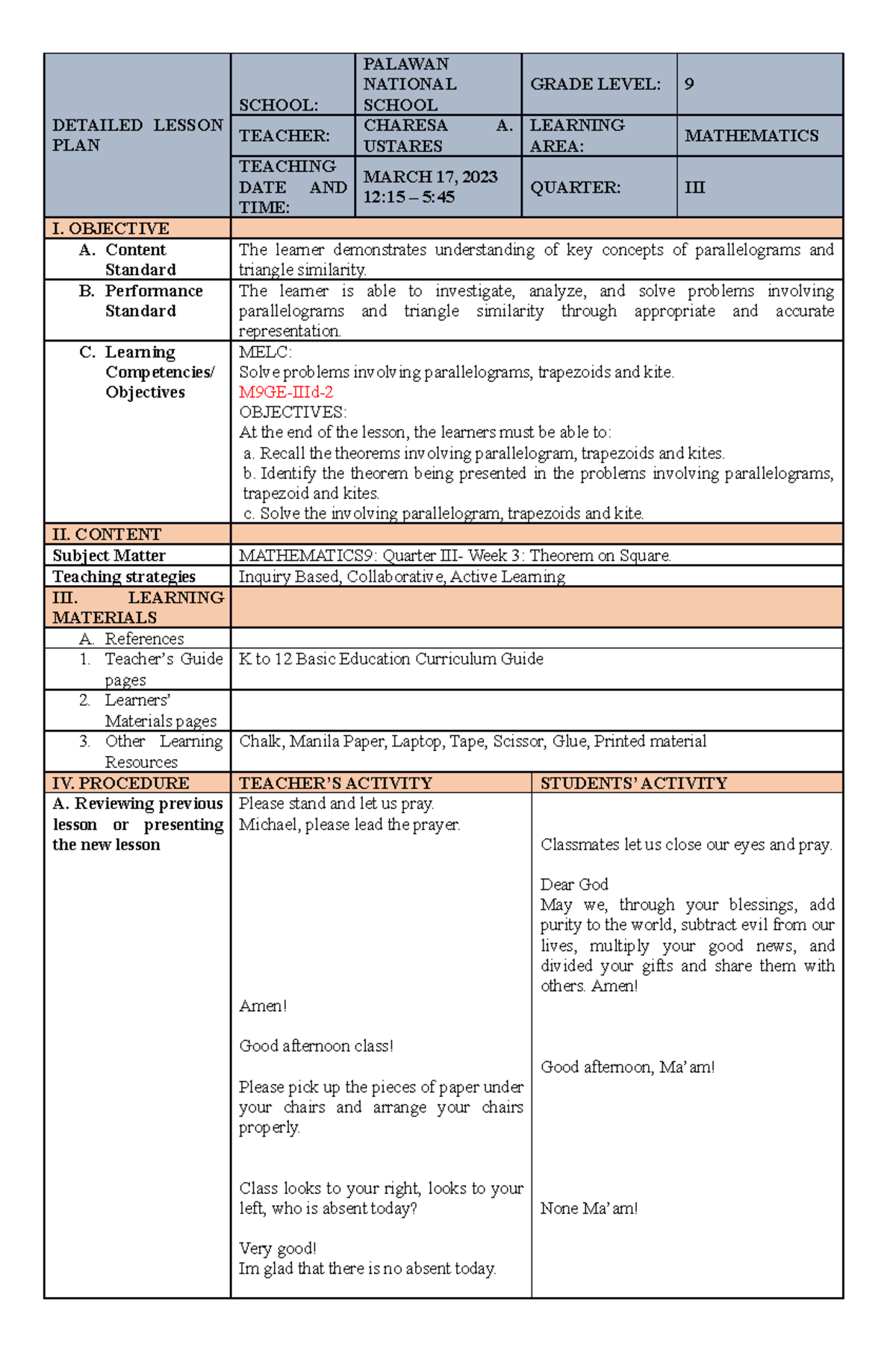 M9GE-III Lesson Plan: Understanding Squares and Its Theorems - Studocu