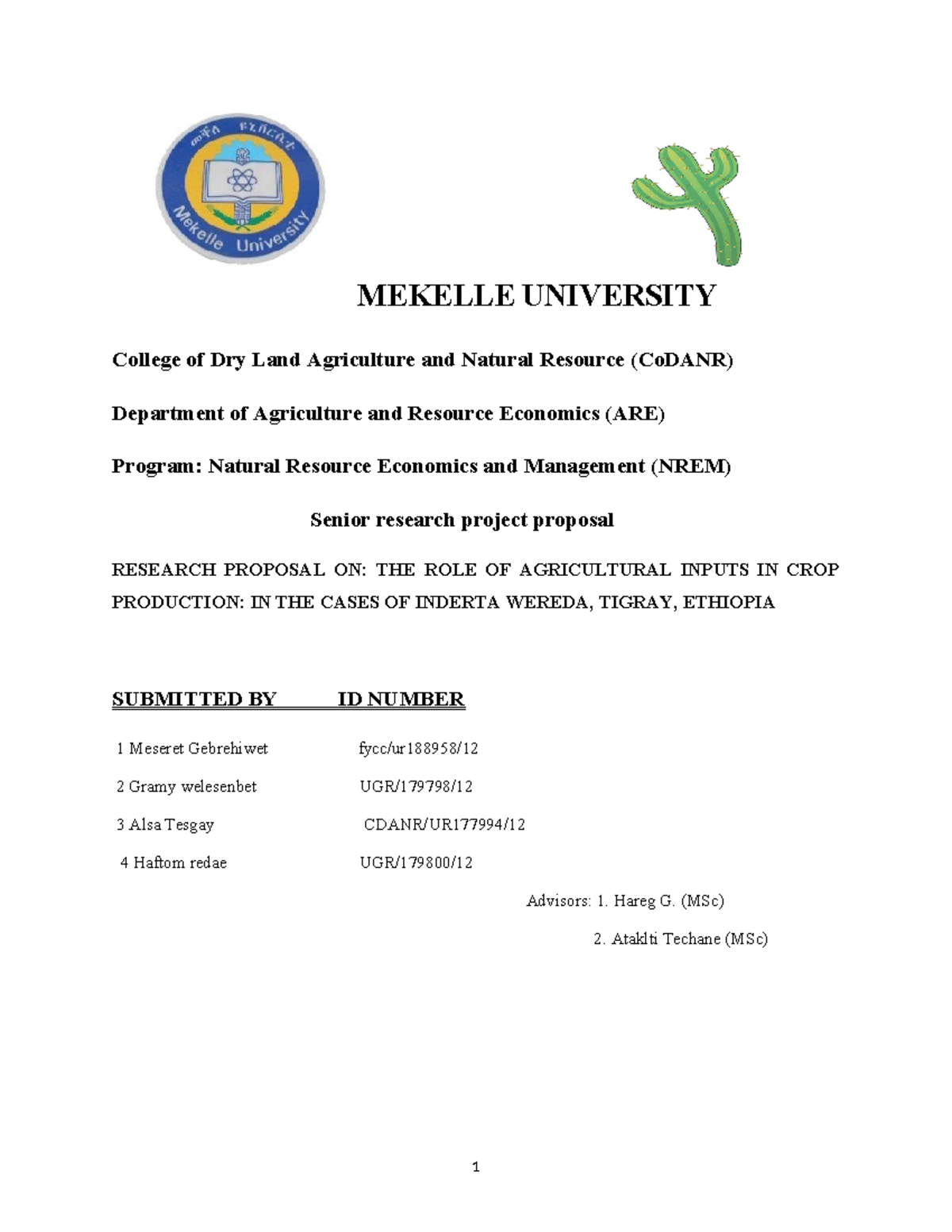 Mekelle University Proposal FI NAL (3) final - MEKELLE UNIVERSITY ...