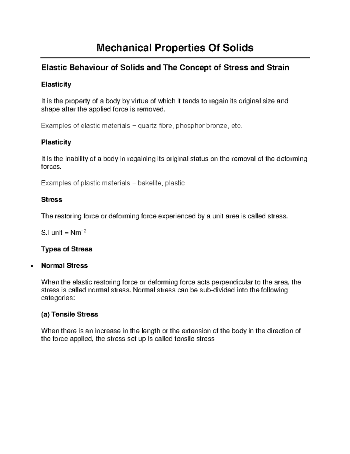 Mechanical Properties of Solids: Elasticity, Stress, and Strain ...