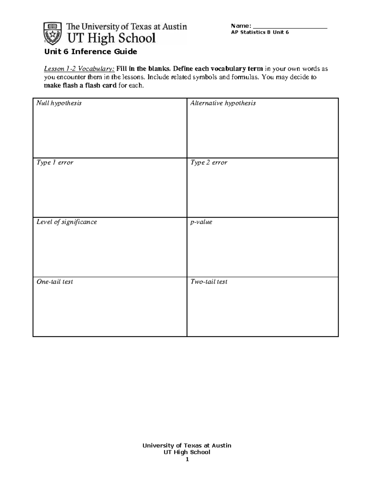 AP Statistics B 67508 Unit 6 Inference Guide: Key Concepts & Vocabulary ...