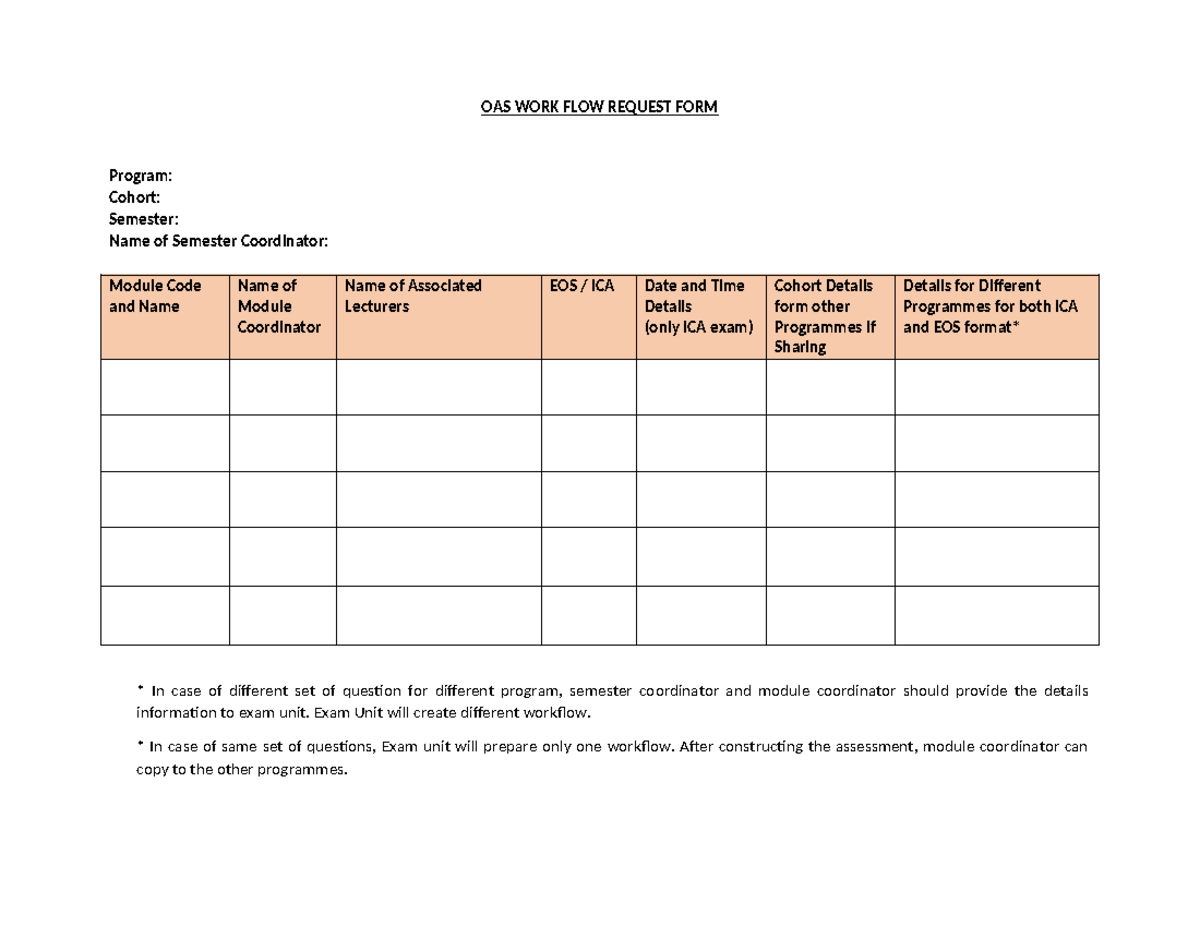 OAS Work Flow Request Form: Module & Exam Coordination Details - Studocu
