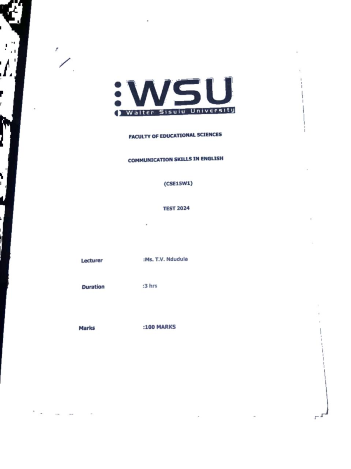 CSE15W1 Communication Skills Test 2024 - Studocu