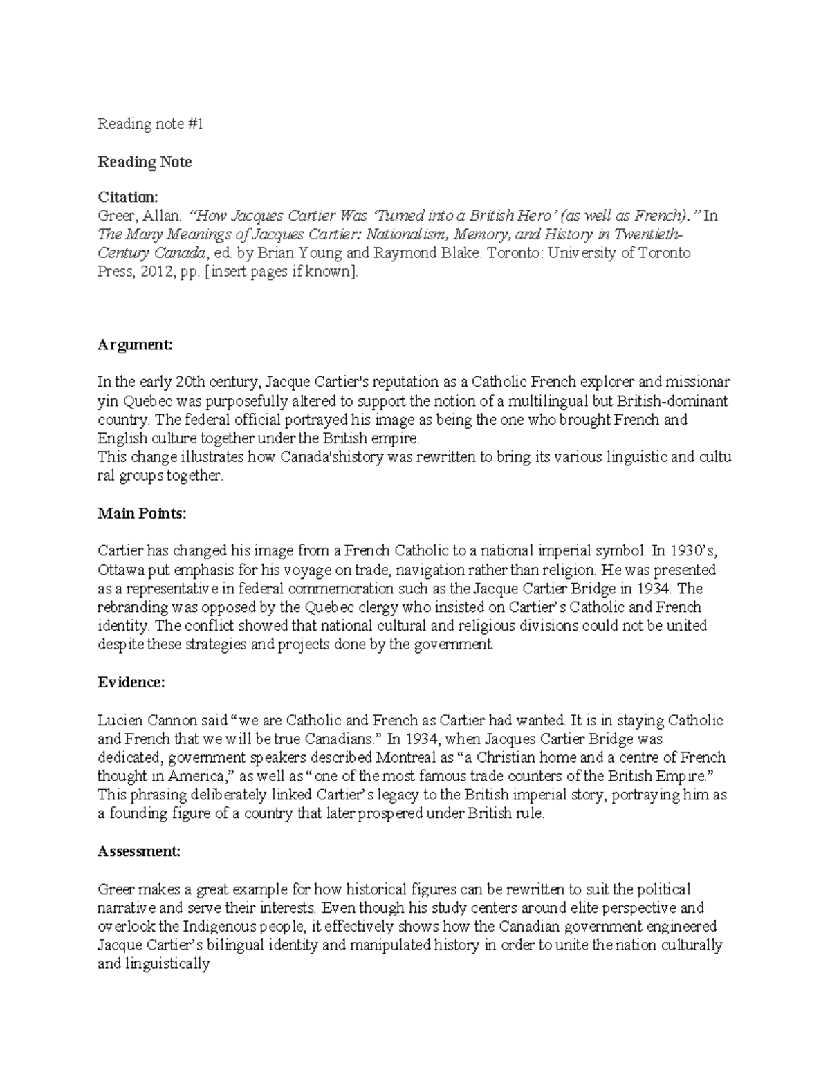 HIST 1121 - Reading Notes on Jacques Cartier and Indigenous ...