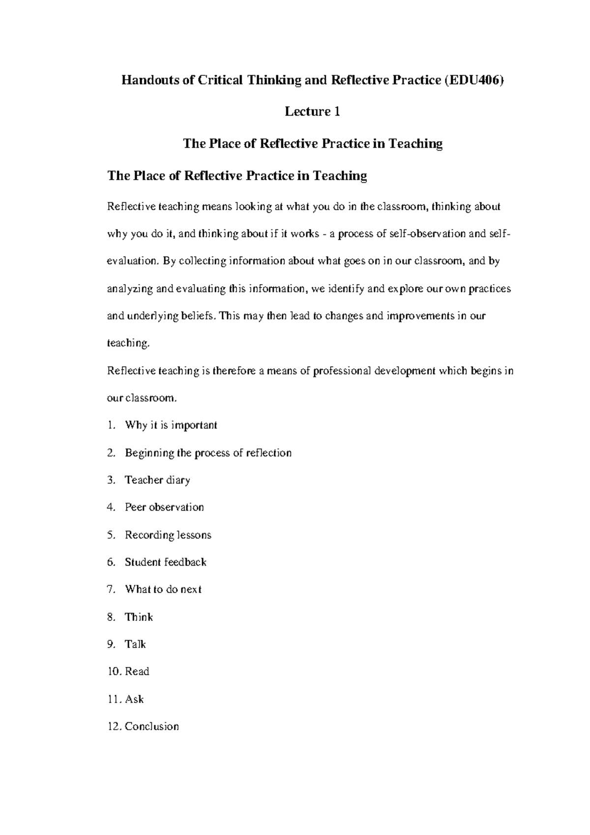 EDU-406 Reflective Practice Handouts by Lecture Sequence - Studocu