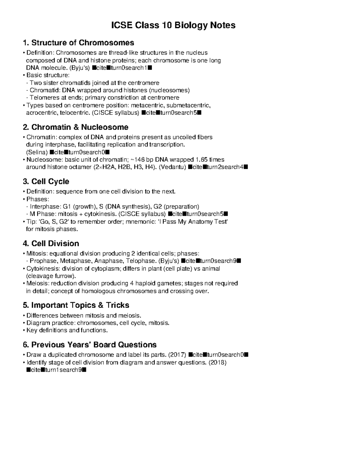 ICSE Class 10 Biology Final Exam Notes: Chromosomes & Cell Cycle - Studocu