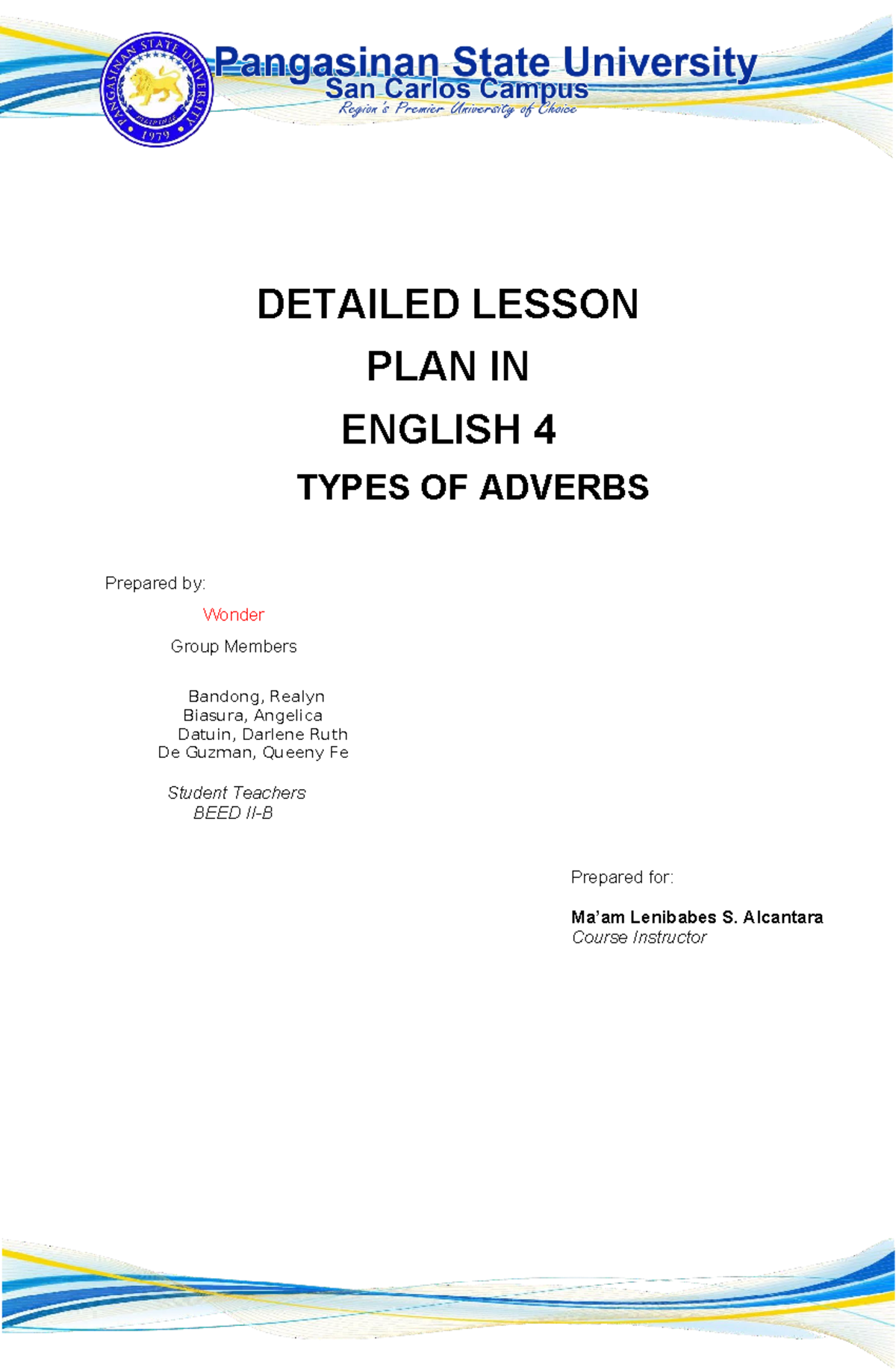 DLP Language ARTS 1 - DETAILED LESSON PLAN IN ENGLISH 4 TYPES OF ...
