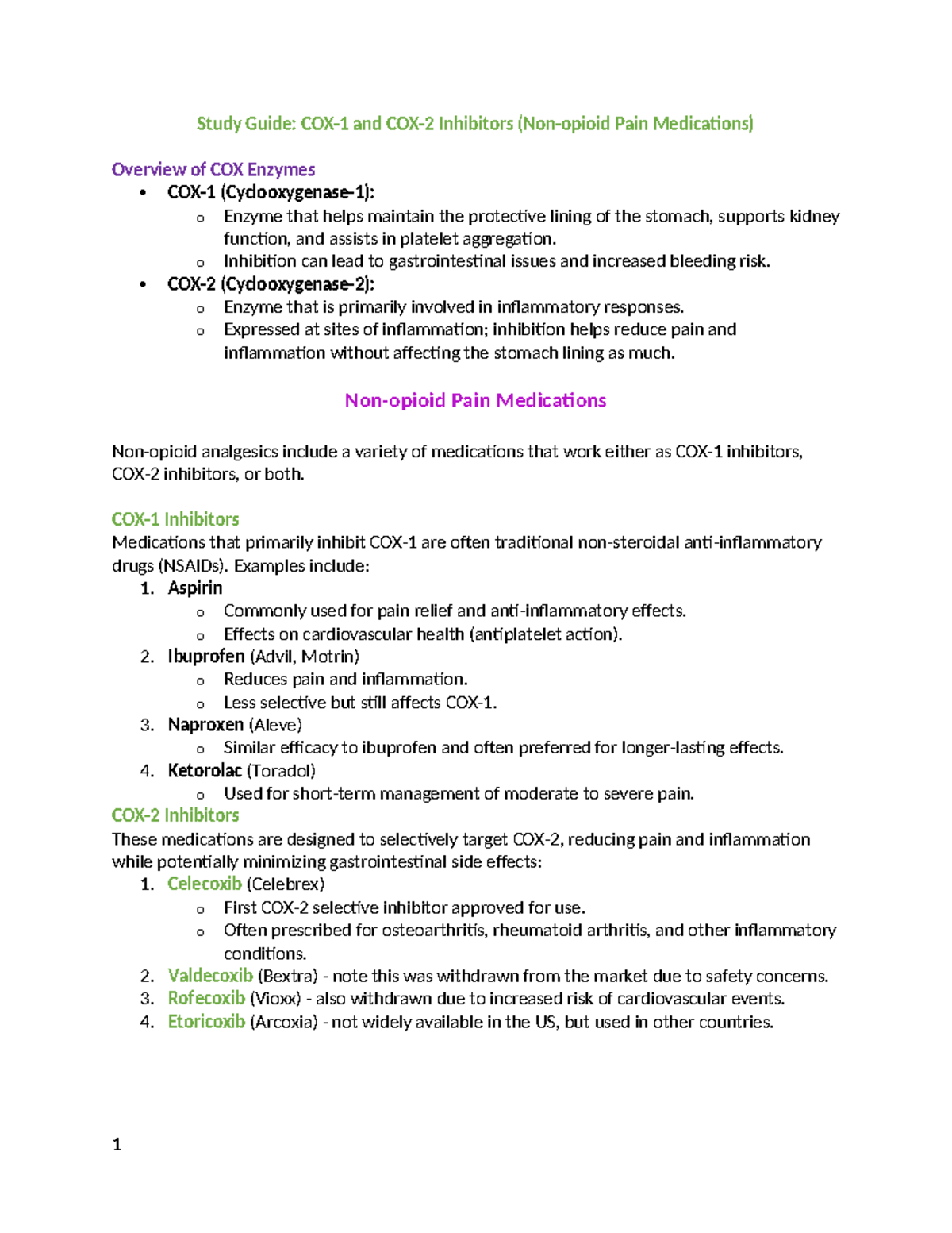 Study Guide: COX-1 and COX-2 Inhibitors in Pain Medications - Studocu