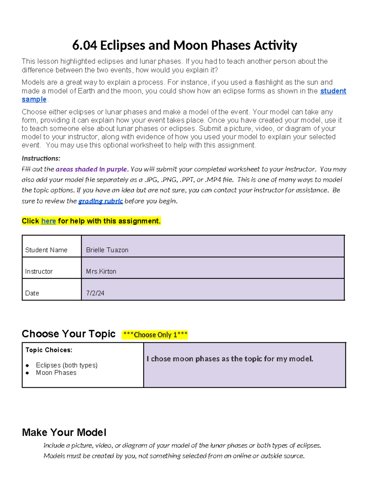 6.04 Eclipses & Moon Phases Activity Worksheet Instructions - Studocu