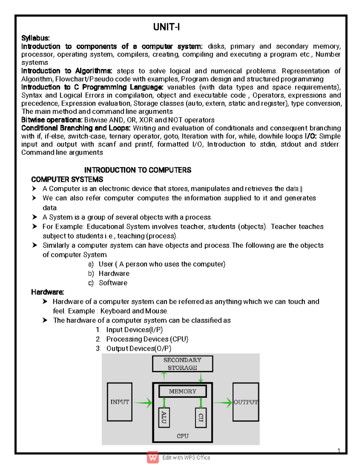 UNIT - 1: Introduction to Computer Systems and C Programming Concepts - Studocu