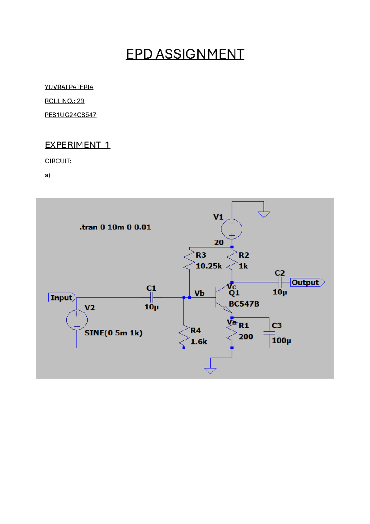 EPD Assignment: Circuit Experiments & Waveform Analysis (PES1UG24CS547 ...