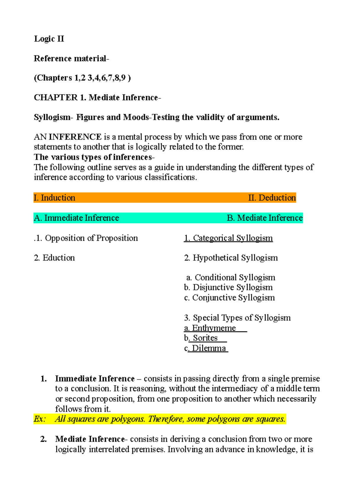 Logic II Study Material: Mediate Figures & Validity of Arguments - Studocu