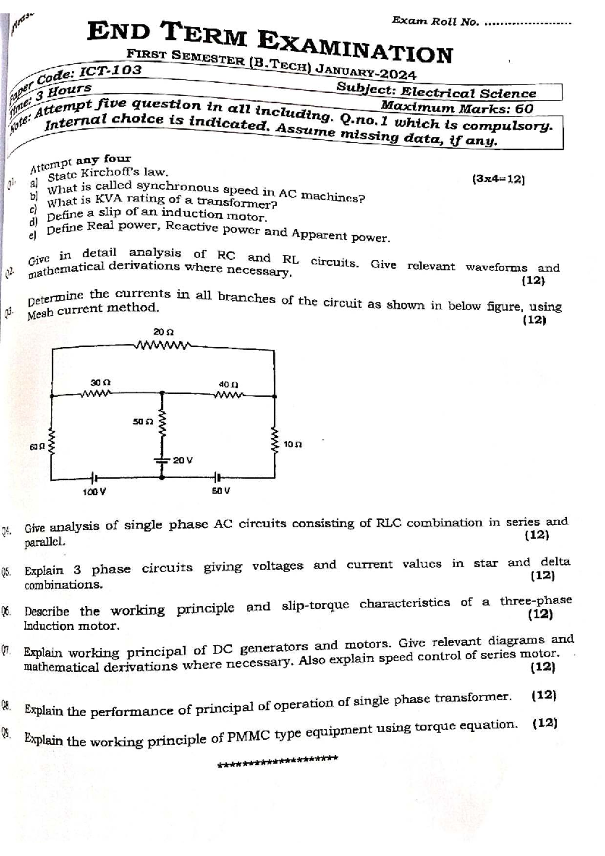 END TERM EXAMINATION FIRST SEMESTER (B.TECH) Paper Code: Electrical ...
