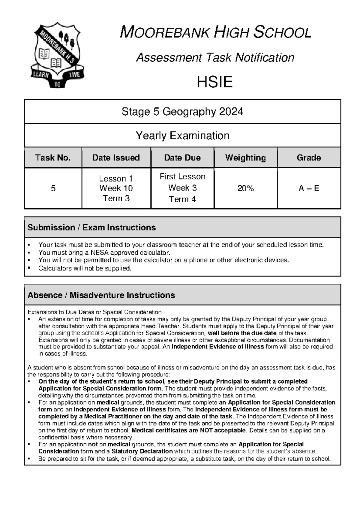 Year 10 HSIE Geography Assessment Task Notification - Yearly Exam 2024 ...