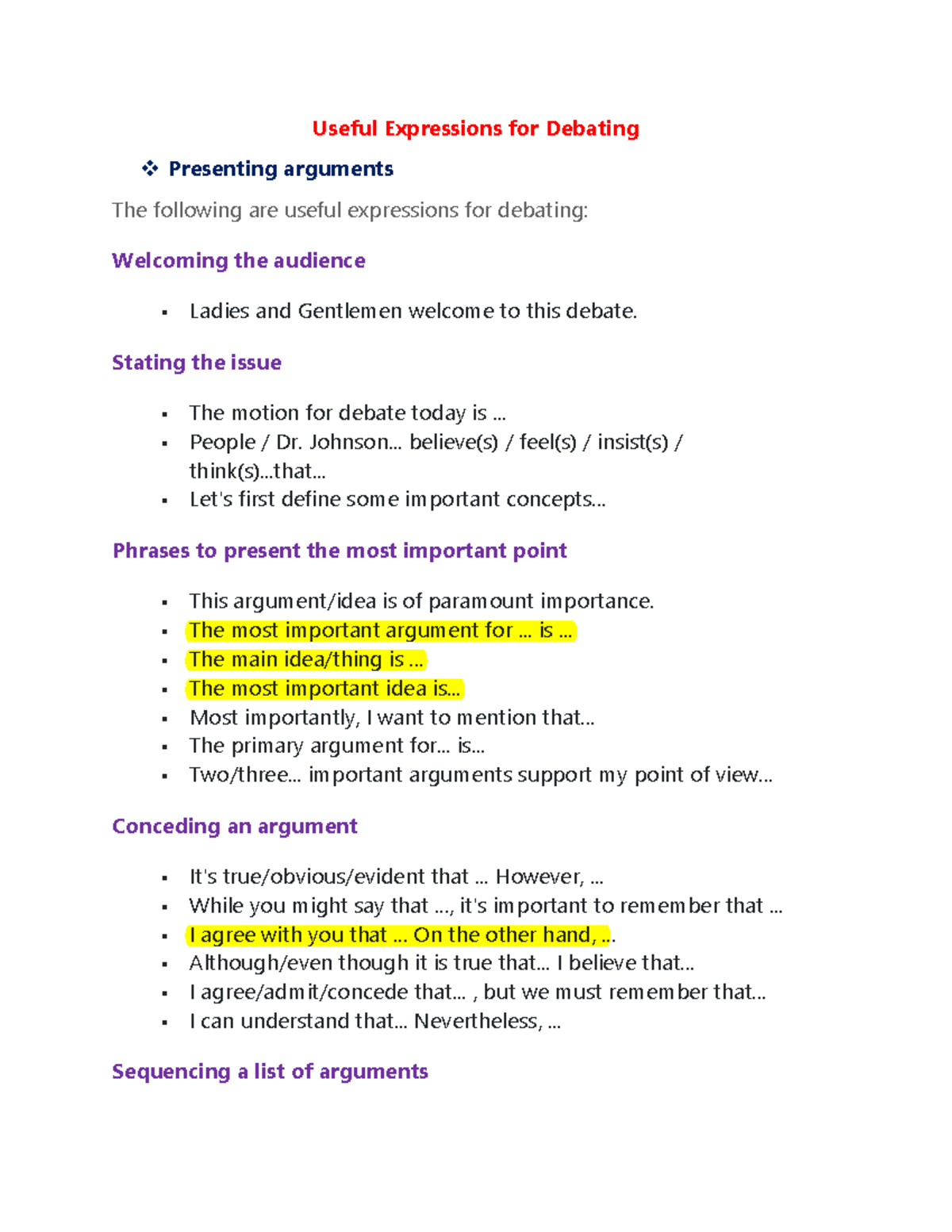Useful Expressions for Debating: Key Phrases and Arguments - Studocu