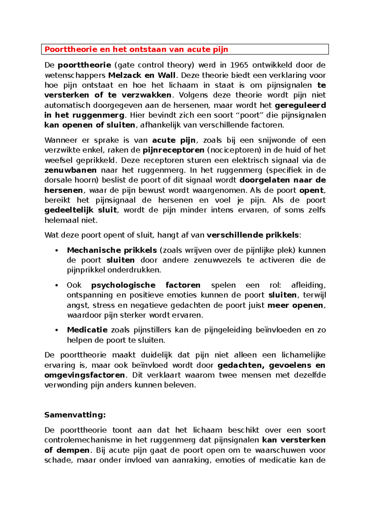Poorttheorie en Acute Pijn: Mechanismen en Invloeden op Pijnbeleving ...