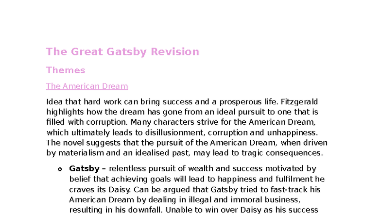 The Great Gatsby (ENG 101) - Revision Notes on Key Themes - Studocu