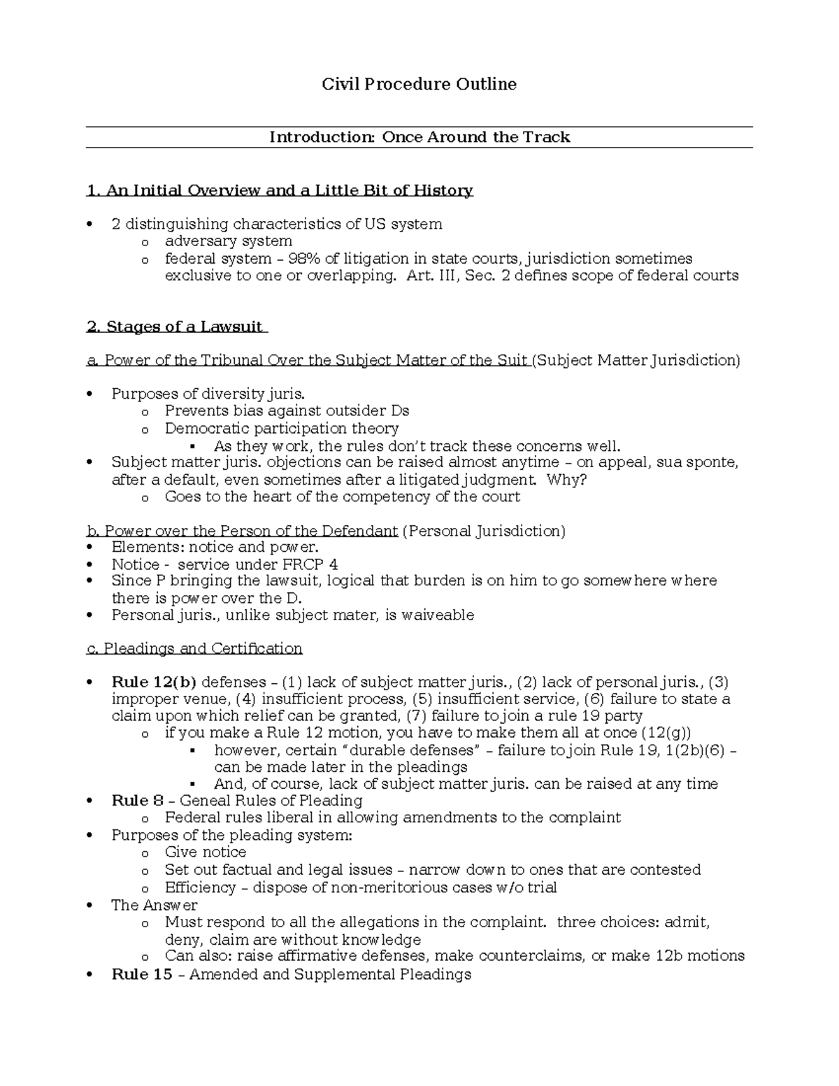 Civil Procedure Outline: Key Concepts and Jurisdictional Principles ...