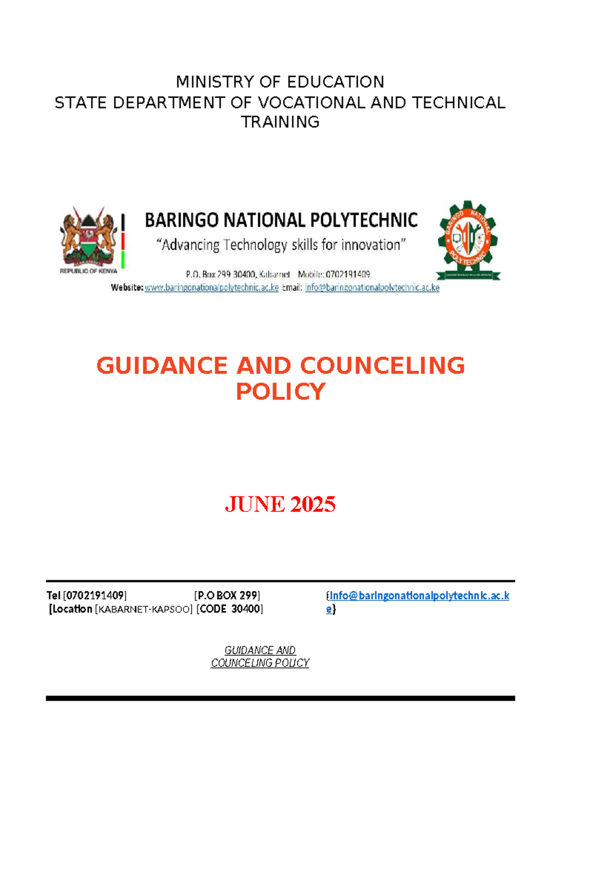 Guidance and Counseling Policy for BNP (Baringo National Polytechnic ...
