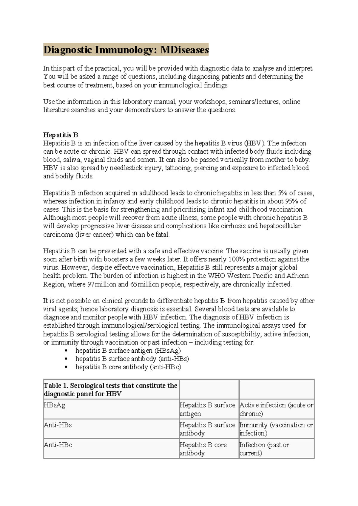Diagnostic Immunology: MDiseases - Hepatitis B Analysis and Interpretation - Studocu