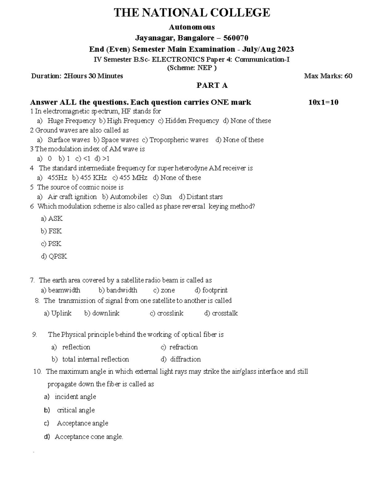 IV Sem Main Exam 2023: Electronics Paper 4 (NEP) - Set 1 - Studocu