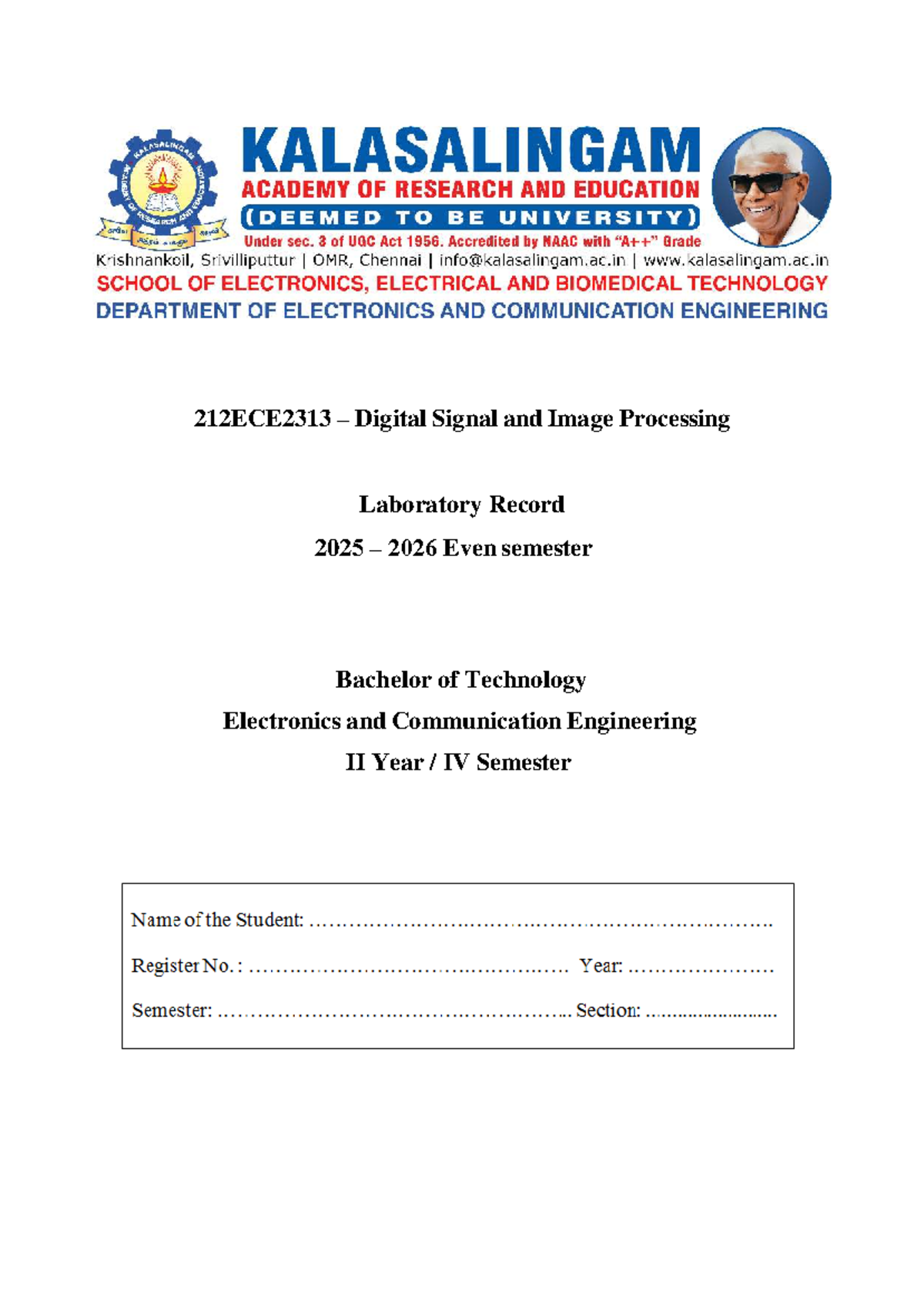 212ECE2313 Digital Signal & Image Processing Lab Manual 2025-2026 - Studocu