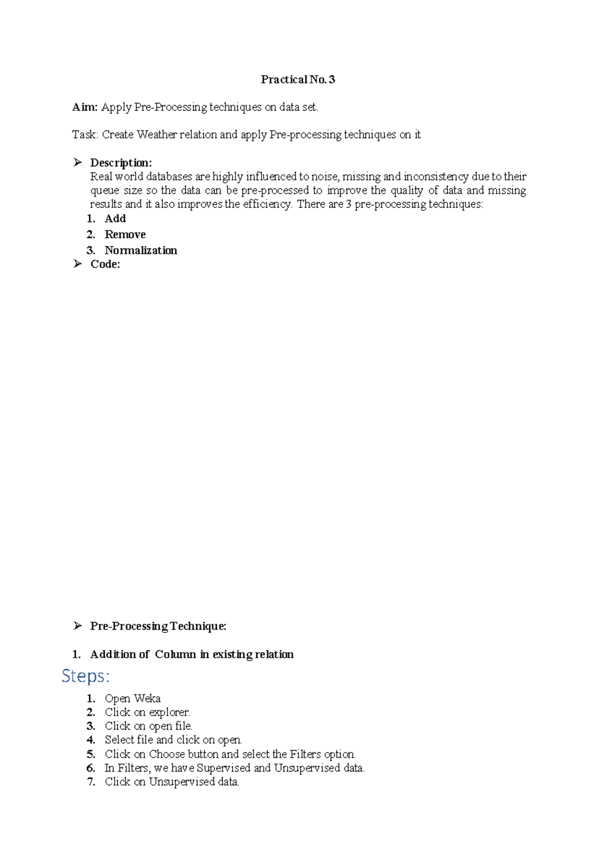 Practical No. 3: Data Preprocessing Techniques in Weka - Studocu