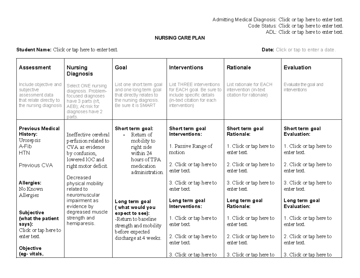 Nursing Care Plan Template for Medical Diagnosis - NURSING 101 - Studocu