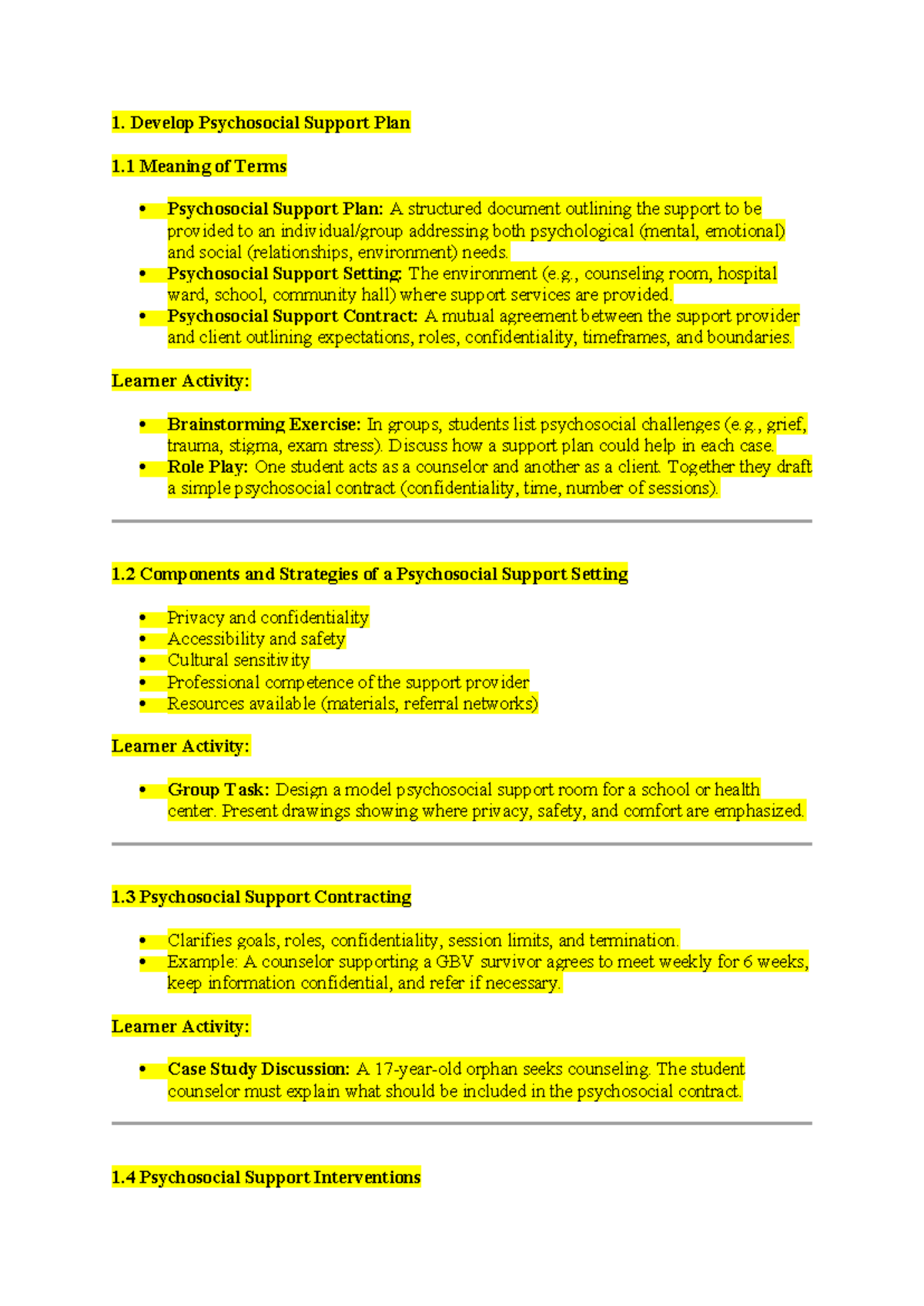 Psychosocial Support Plan Learning Guide: Strategies & Activities - Studocu