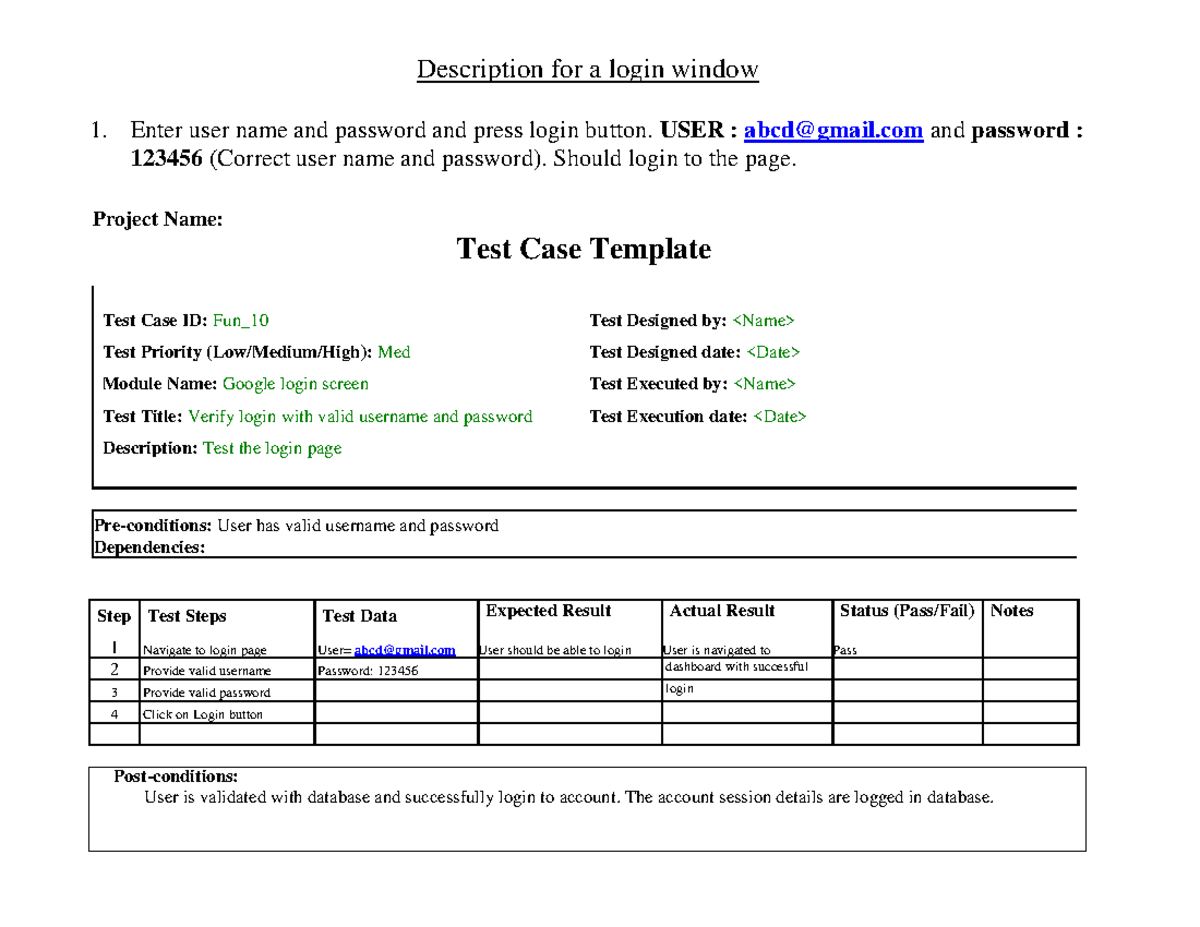 Test Case Template: Login Screen Verification (Fun_10) - Studocu
