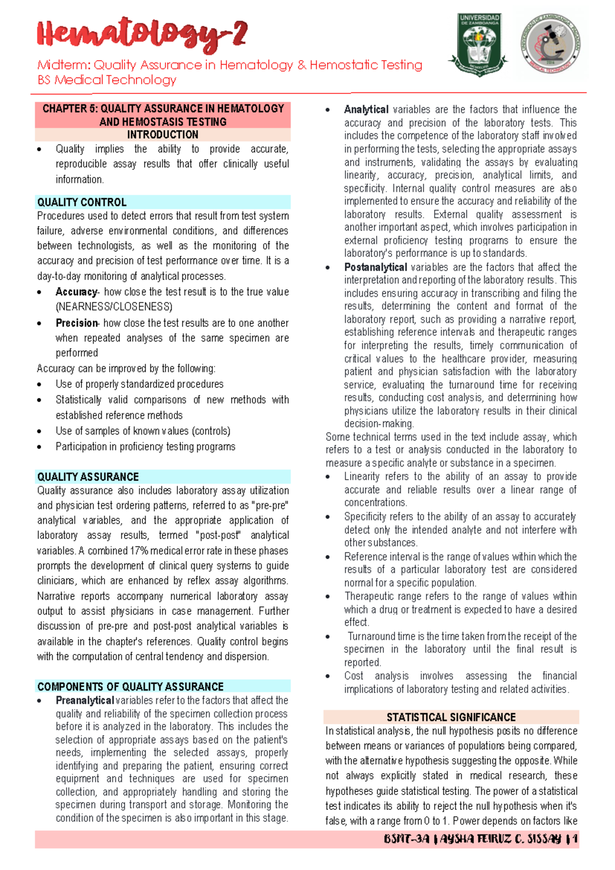 BS Medical Technology: Chapter 5 - Quality Assurance in Hematology ...