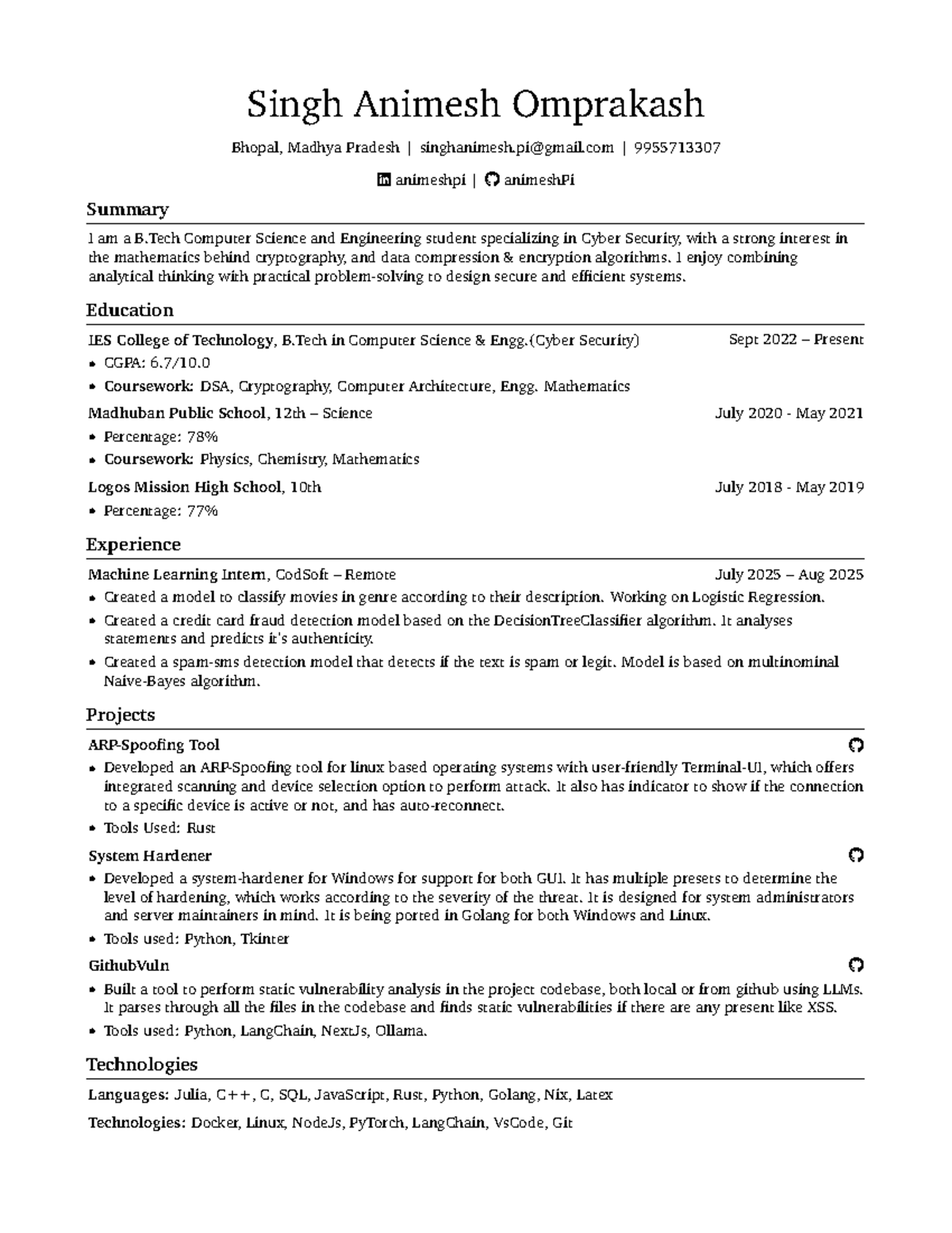 B.Tech Cyber Security Resume - Animesh Singh (2022-Present) - Studocu