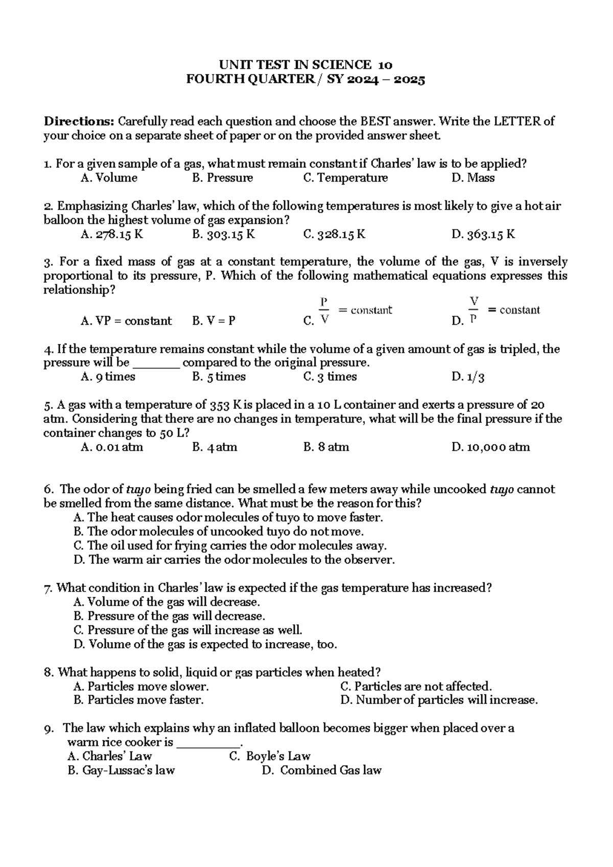 Summ Test1 gas laws Q4 2024 2025 - UNIT TEST IN SCIENCE 10 FOURTH ...