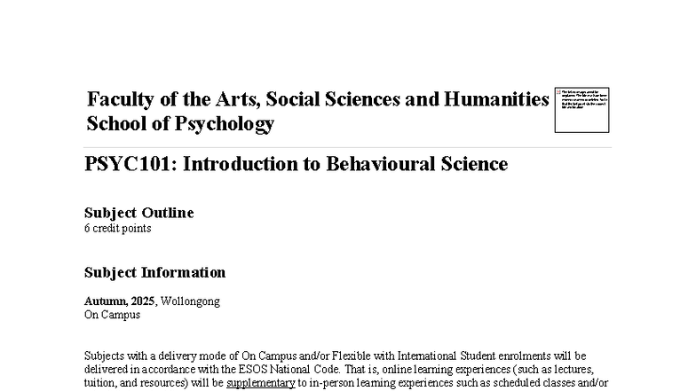 PSYC101: Introduction to Behavioural Science Subject Outline - Autumn ...