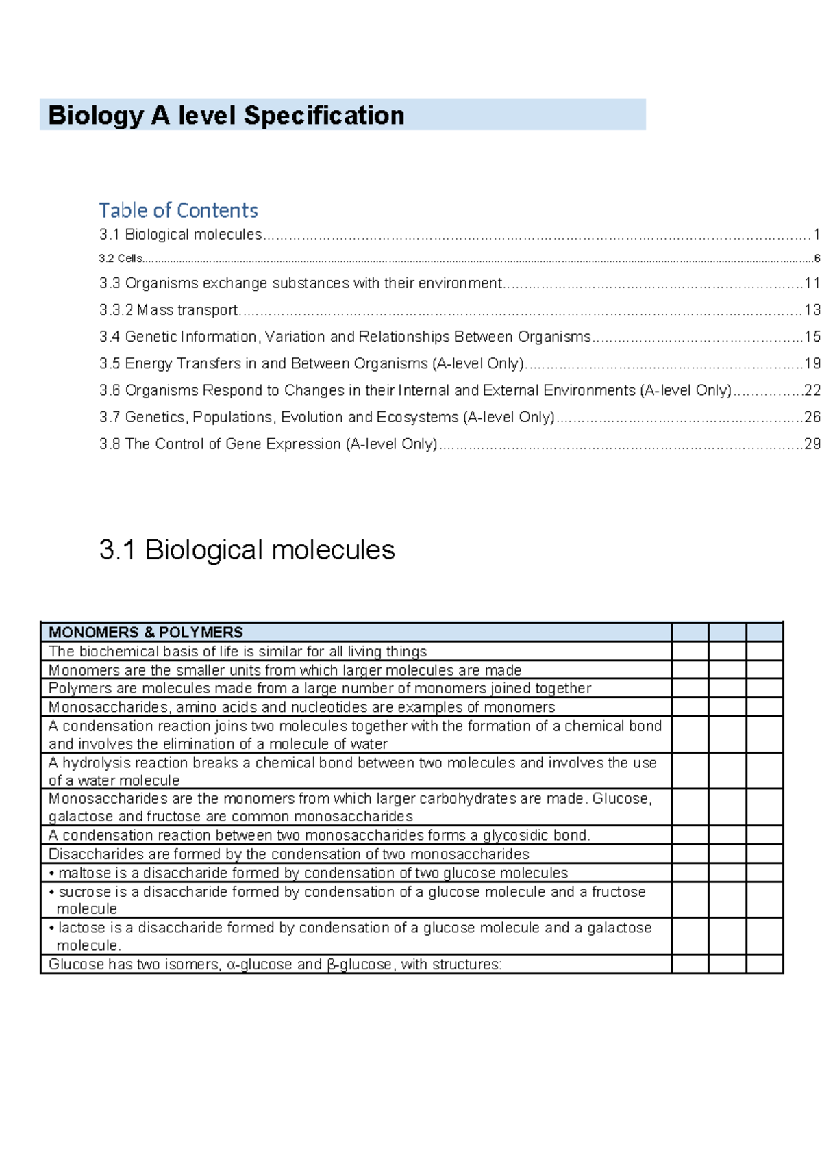 Biology A Level Spec Checklist: Understanding Key Concepts & Processes ...