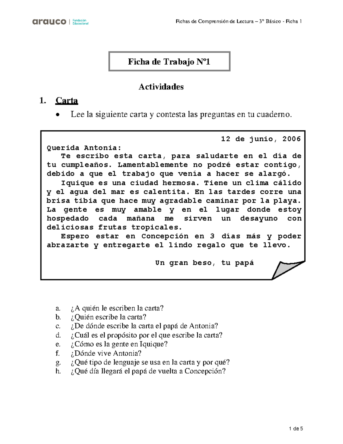 Fichas Comprensión Lectora 3° básico - Actividades 1. Carta Lee la ...