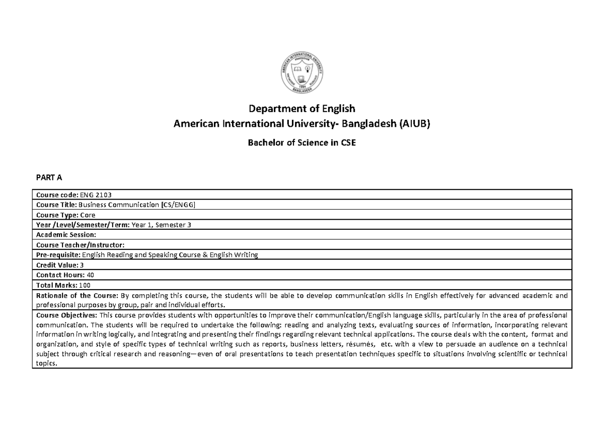 Course outline- Business Communication-Fall 2024-25 - Department of ...