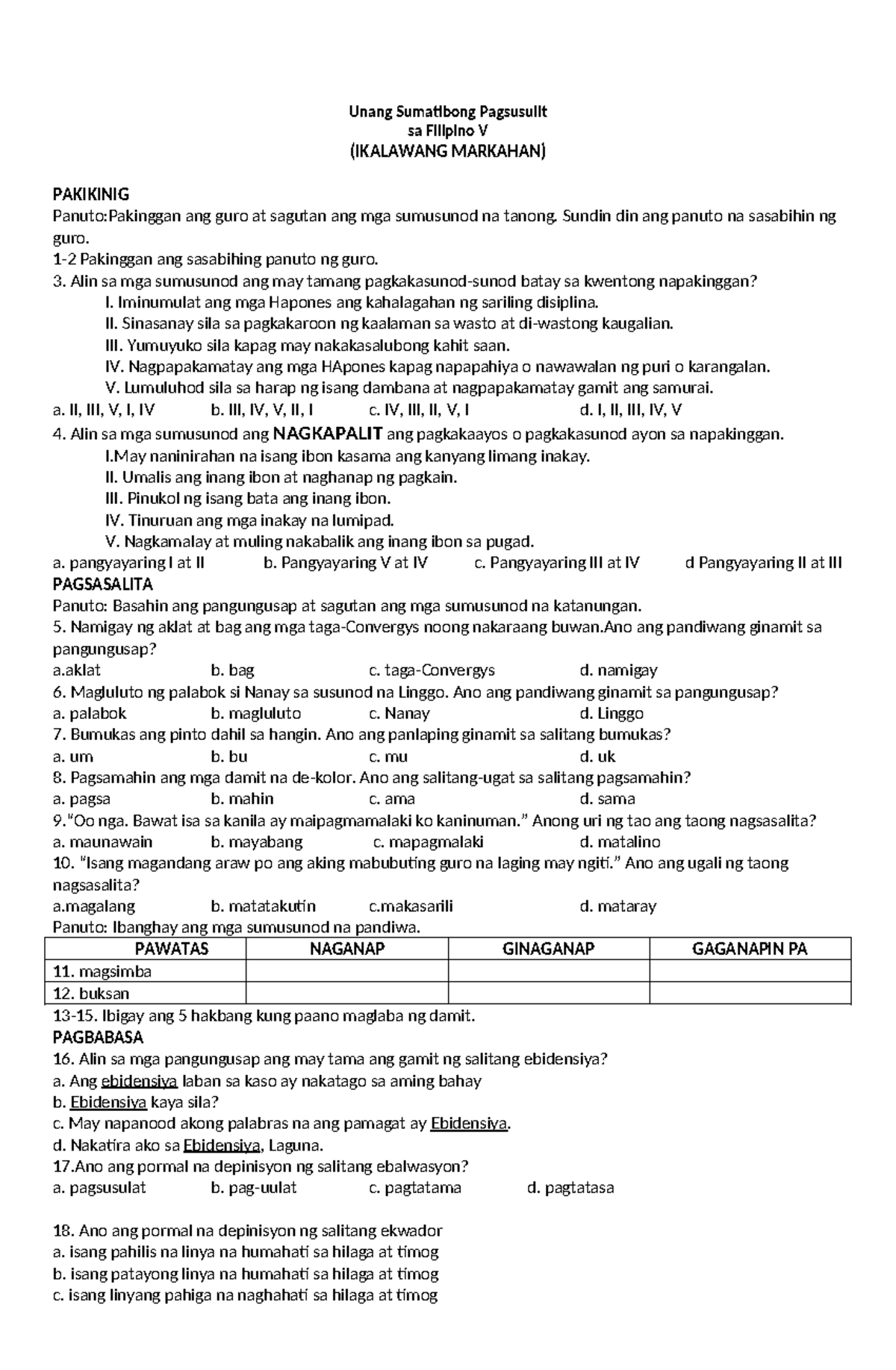 ST Filipino 5 Q2 - Summative Test on Listening and Speaking Skills ...
