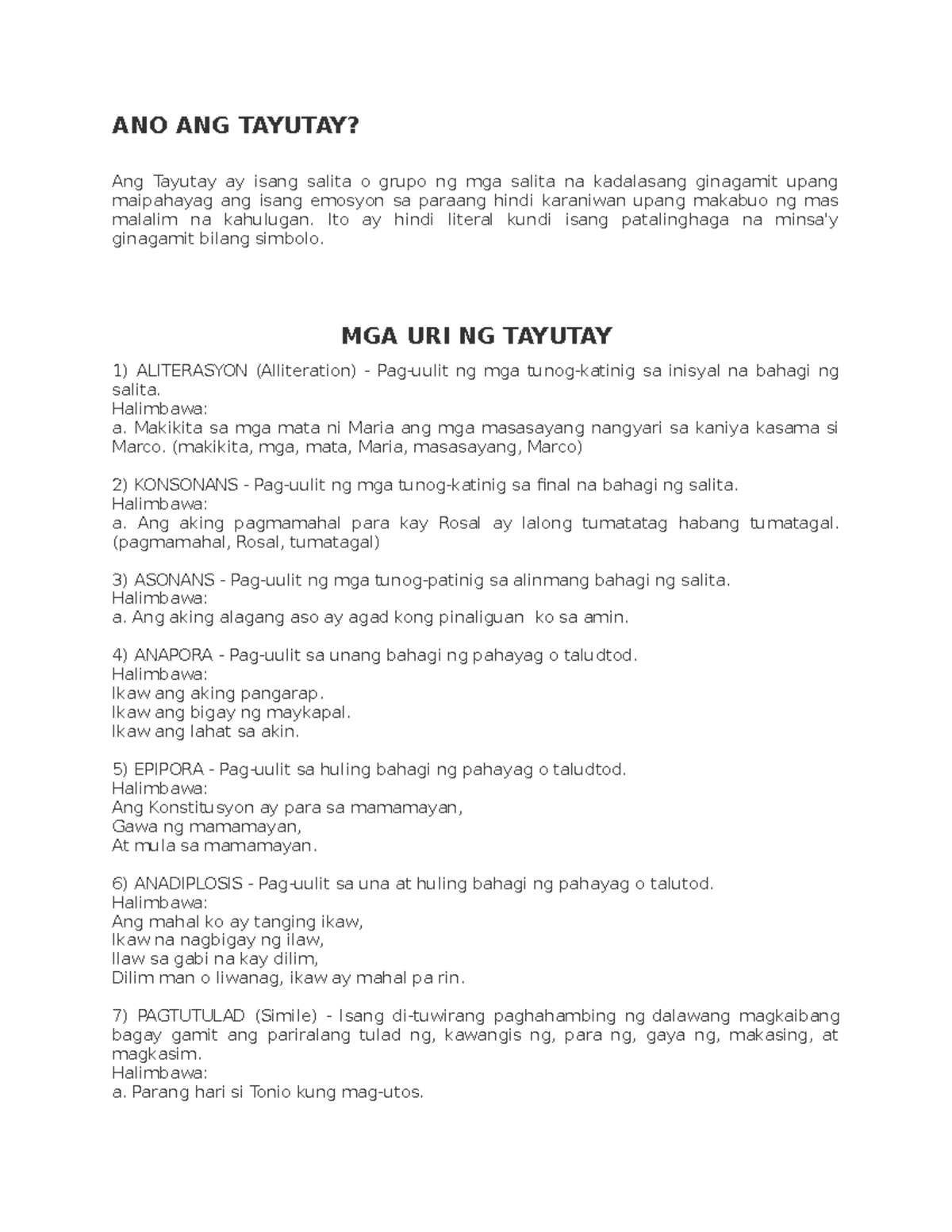 MGA URI NG Tayutay - ANO ANG TAYUTAY? Ang Tayutay ay isang salita o ...