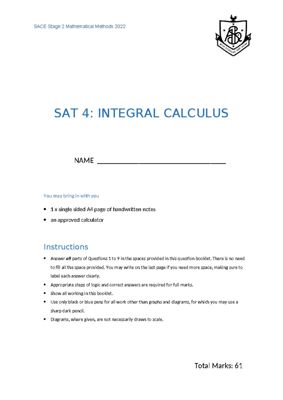 SACE Stage 2 Mathematical Methods 2022 SAT 4: Integration Exam Notes ...