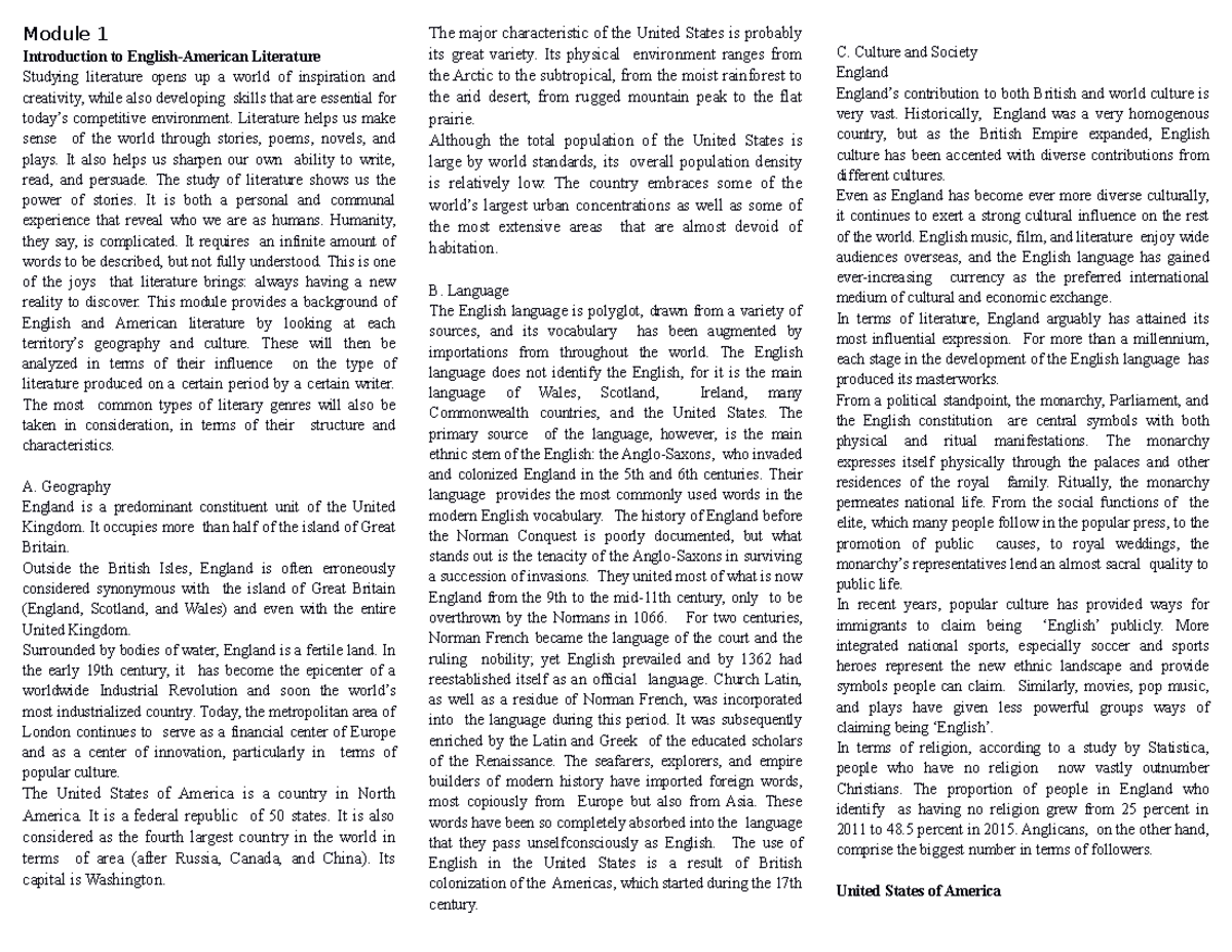 Module 1-4 Overview of English-American Literature (ELT2) - Studocu