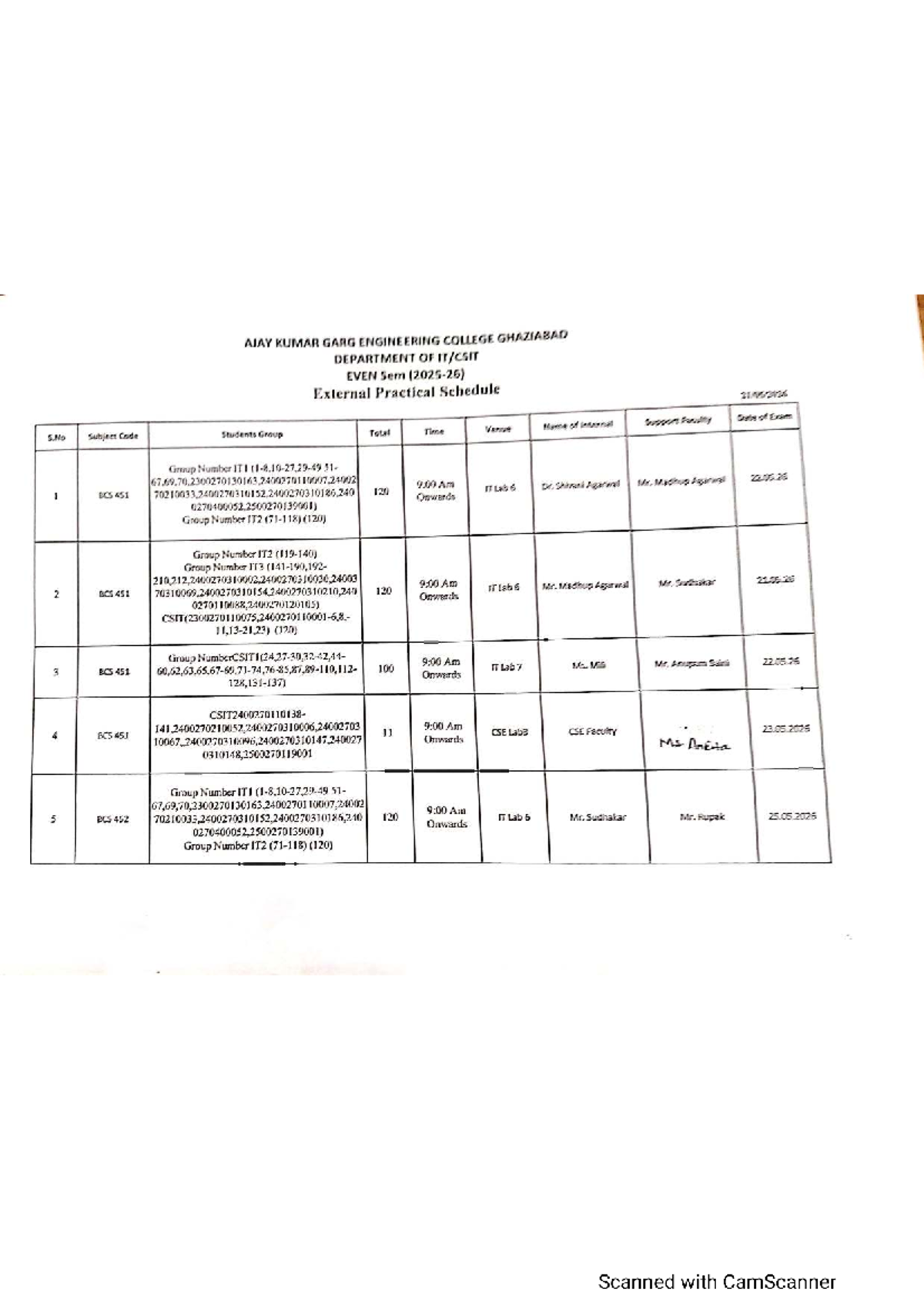 Even Sem External Practical Schedule - BCS 451 & BCS 452 - Studocu